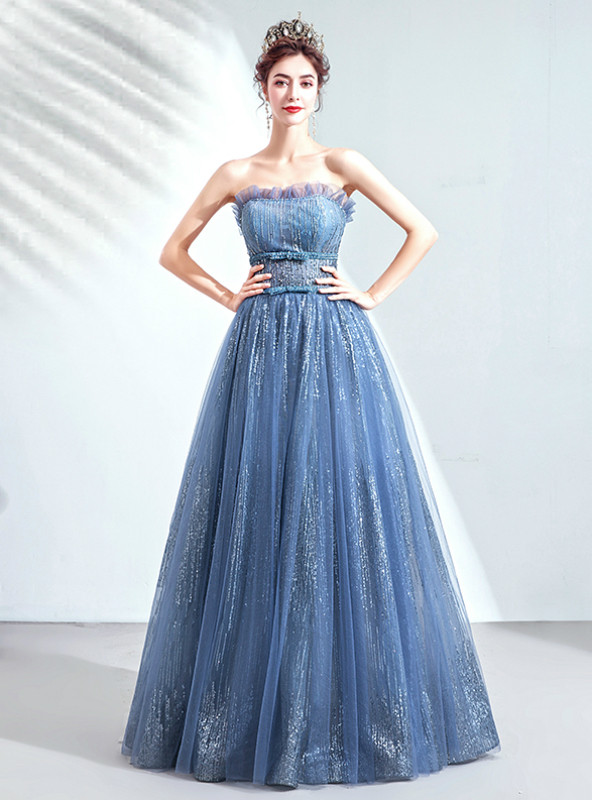In Stock:Ship in 48 Hours Blue Strapless Sequins Prom Dress