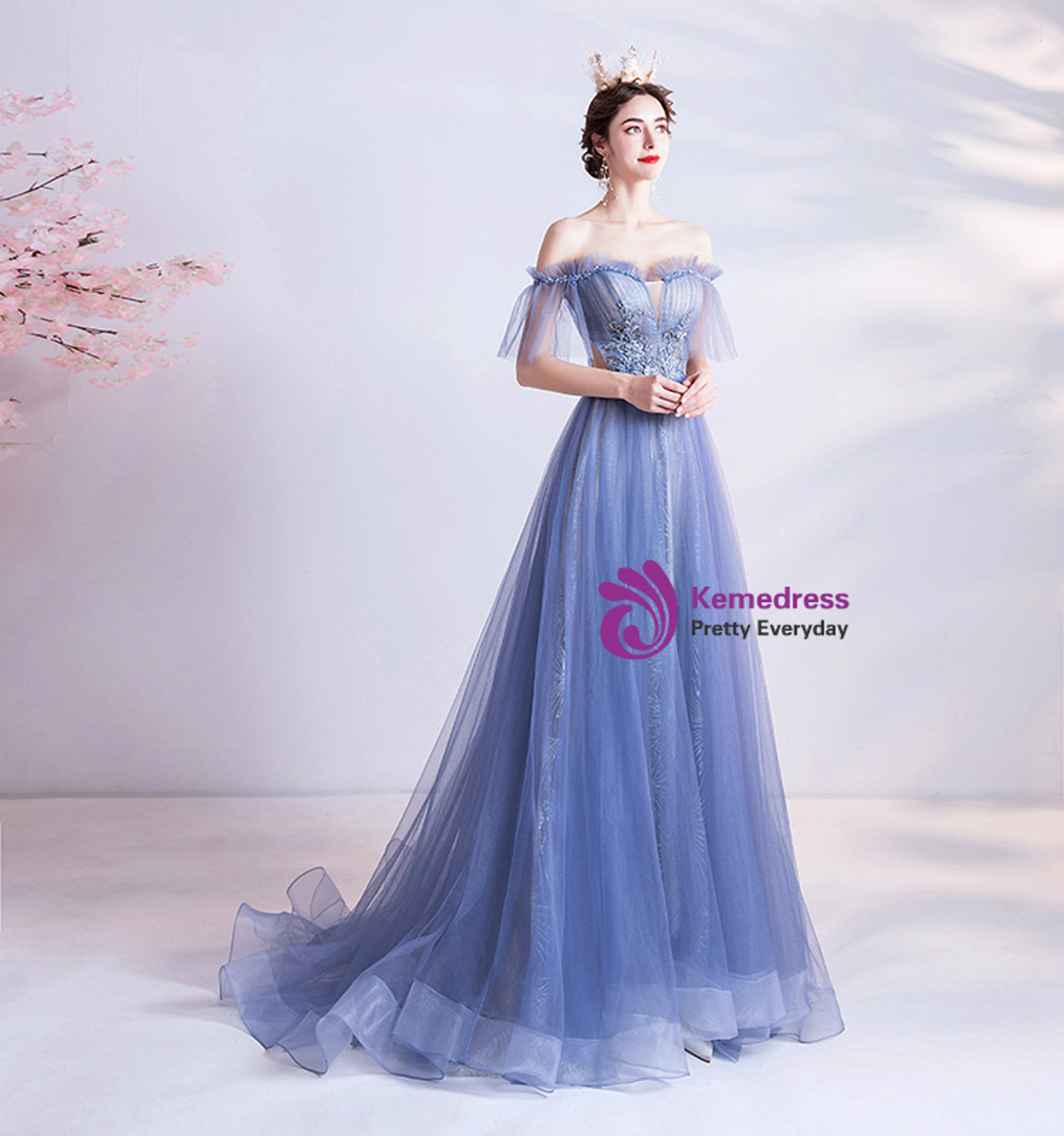 In Stock:Ship in 48 Hours Blue Off the Shoulder Beading Prom Dress