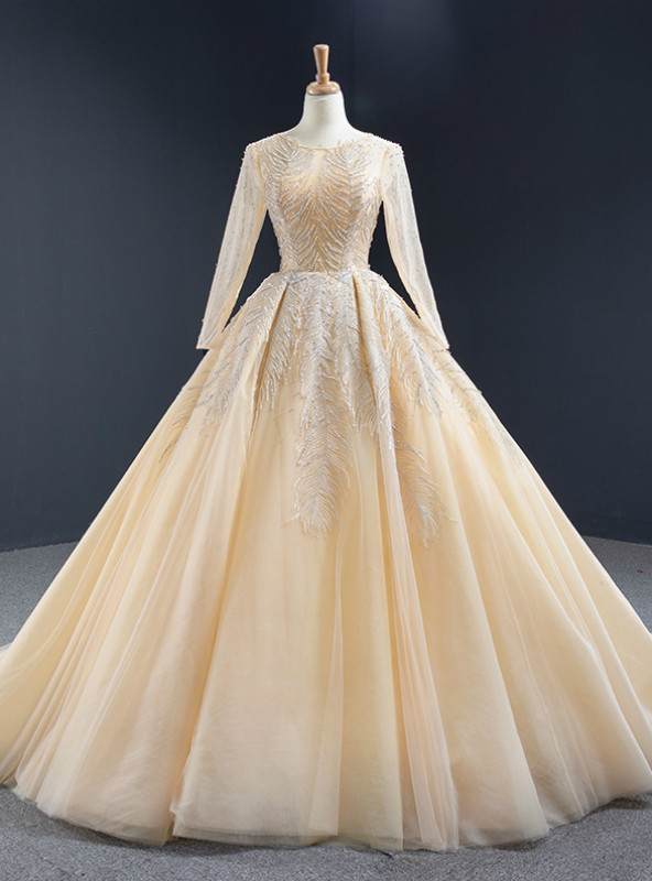Champagne Gold Sequins Long Sleeve Backless Prom Dress