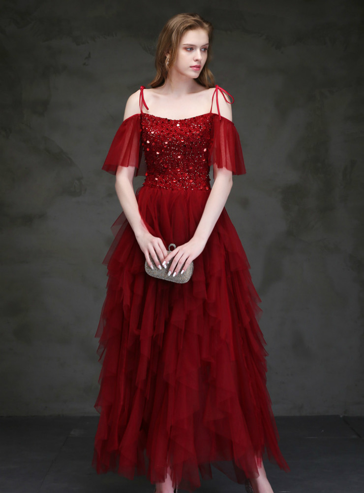 A-Line Blue Tulle Straps Ankle Length Prom Dress