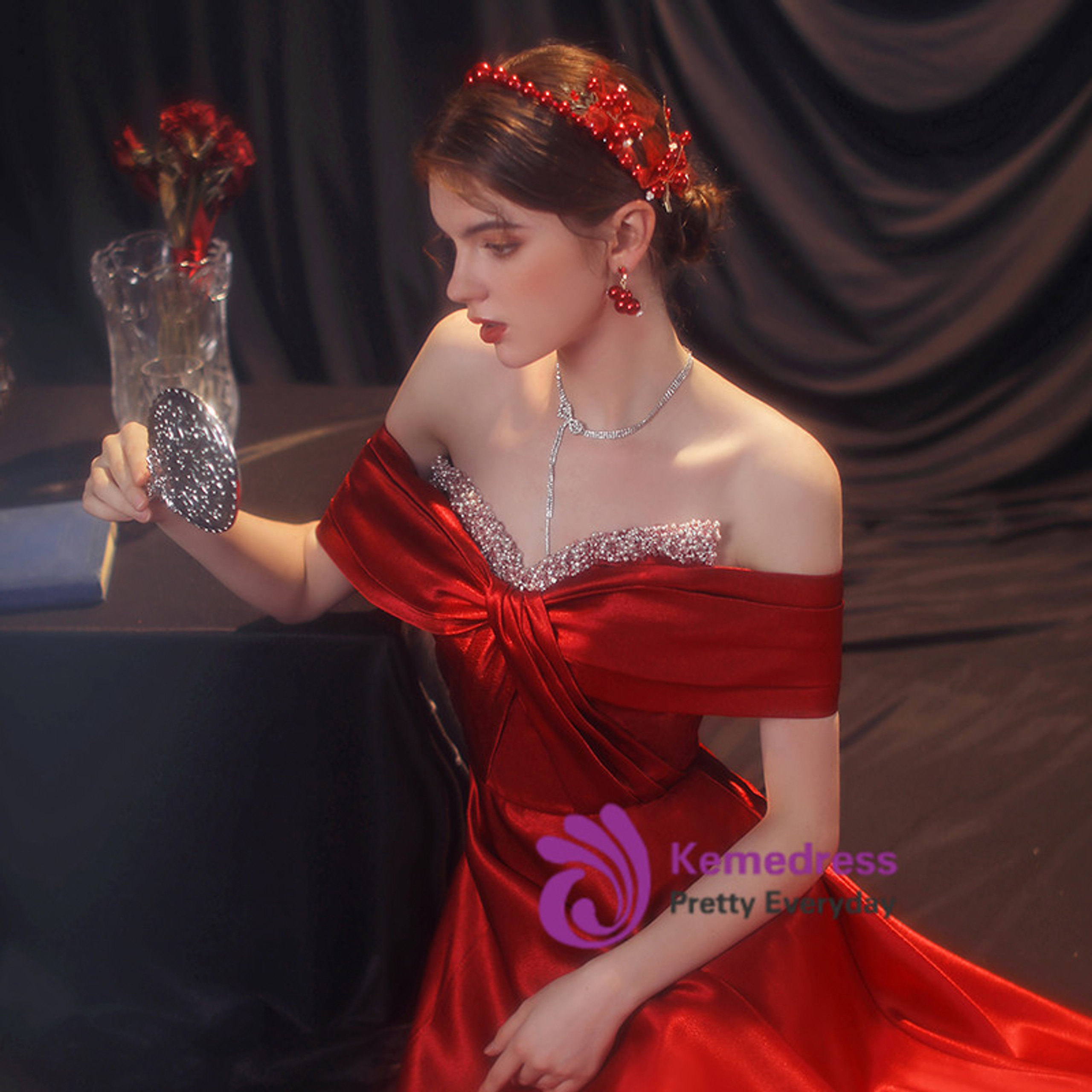 Burgundy Satin Off The Shoulder Pleats Beading Prom Dress
