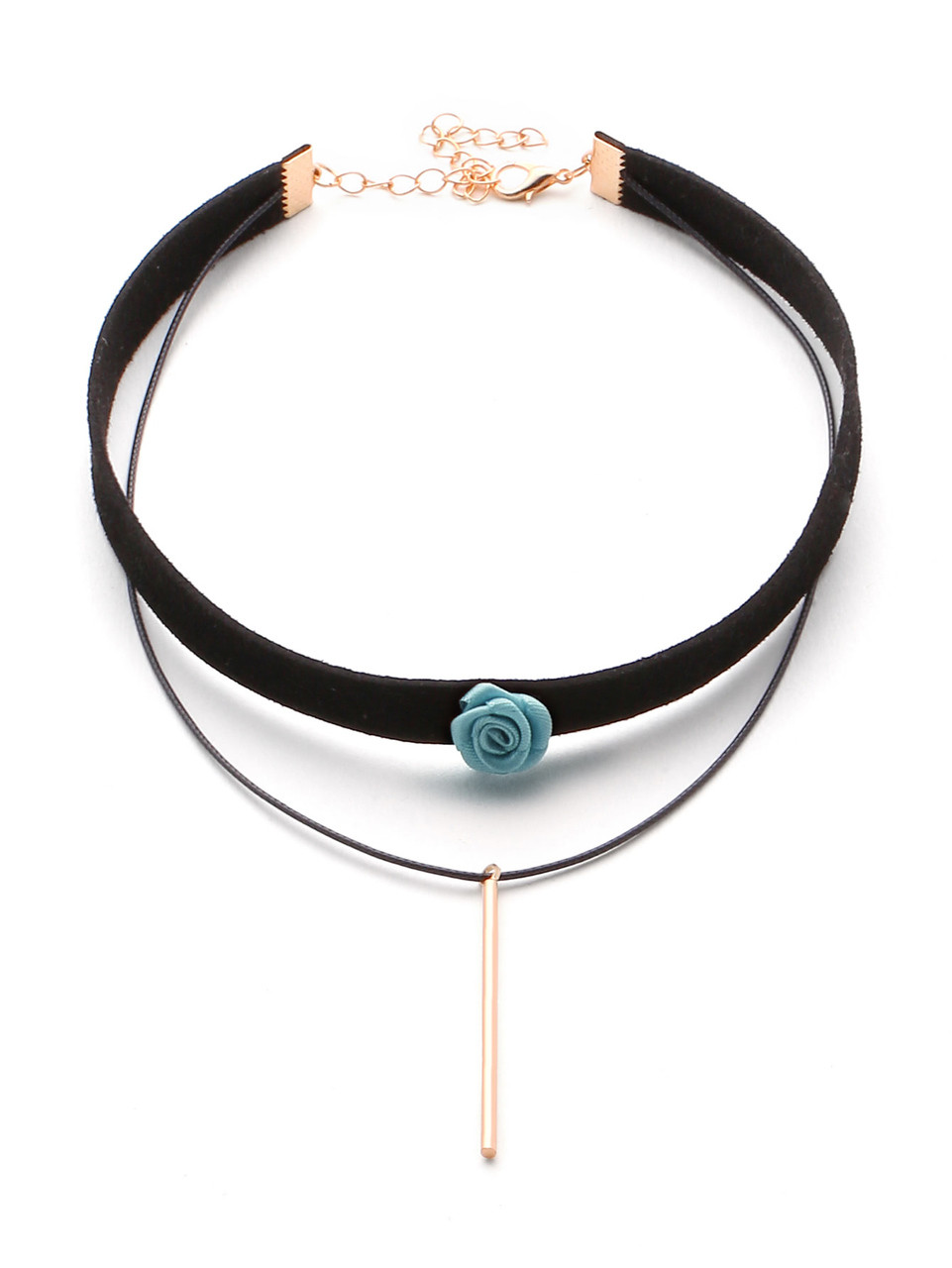 Bar And Flower Detail Layered Velvet Necklace