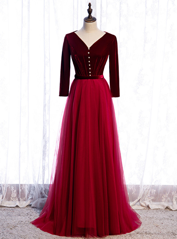 Burgundy Velvet Long Sleeve Pleats Square Neck Prom Dress