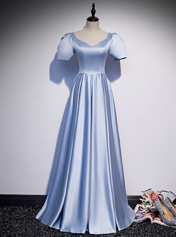 A-line Orange Satin 3/4 Sleeve Deep V-neck With Beading Prom Dress