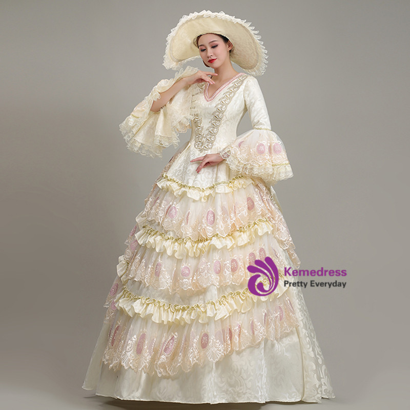 Light Yellow Lace V-neck Long Sleeve Rococo Baroque Dress