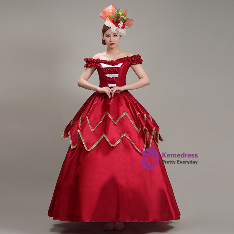 Red Satin Off the Shoulder Rococo Baroque Dress