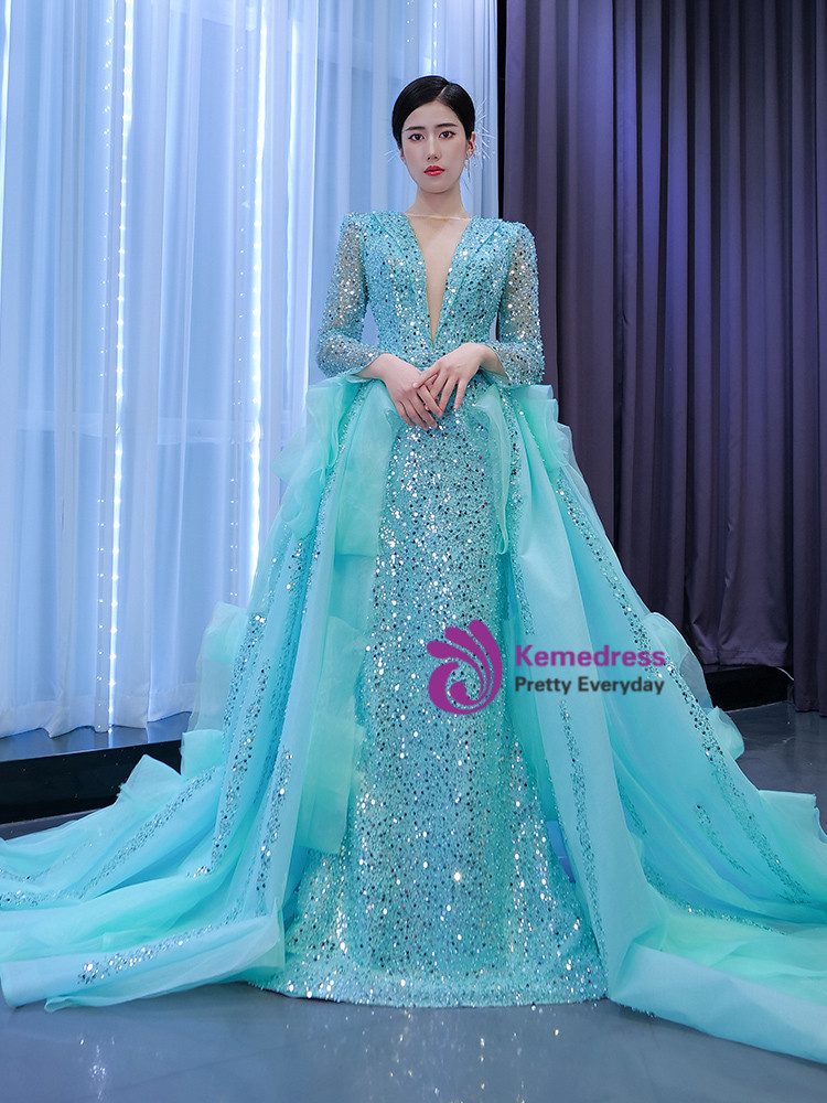 Blue Sequins Long Sleeve Pearls Prom Dress With Detachable Train