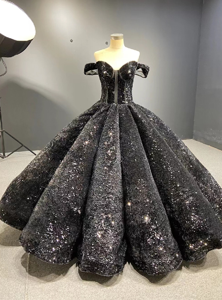 Black Ball Gown Sequins Off the Shoulder prom Dress