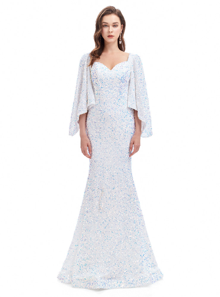 Pink Mermaid Sequins Bat Sleeve Prom Dress