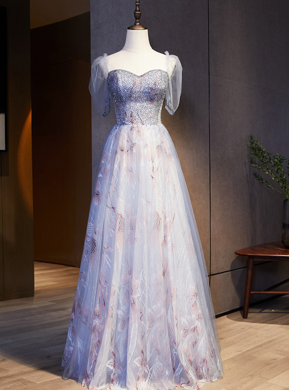 Light Blue Tulle Beading Sequins Lotus Leaf Sleeve Prom Dress