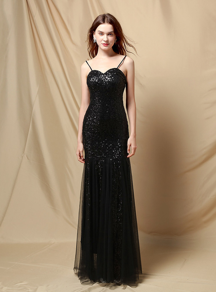 In Stock:Ship in 48 Hours Black Sequins Spaghetti Straps Praty Dress
