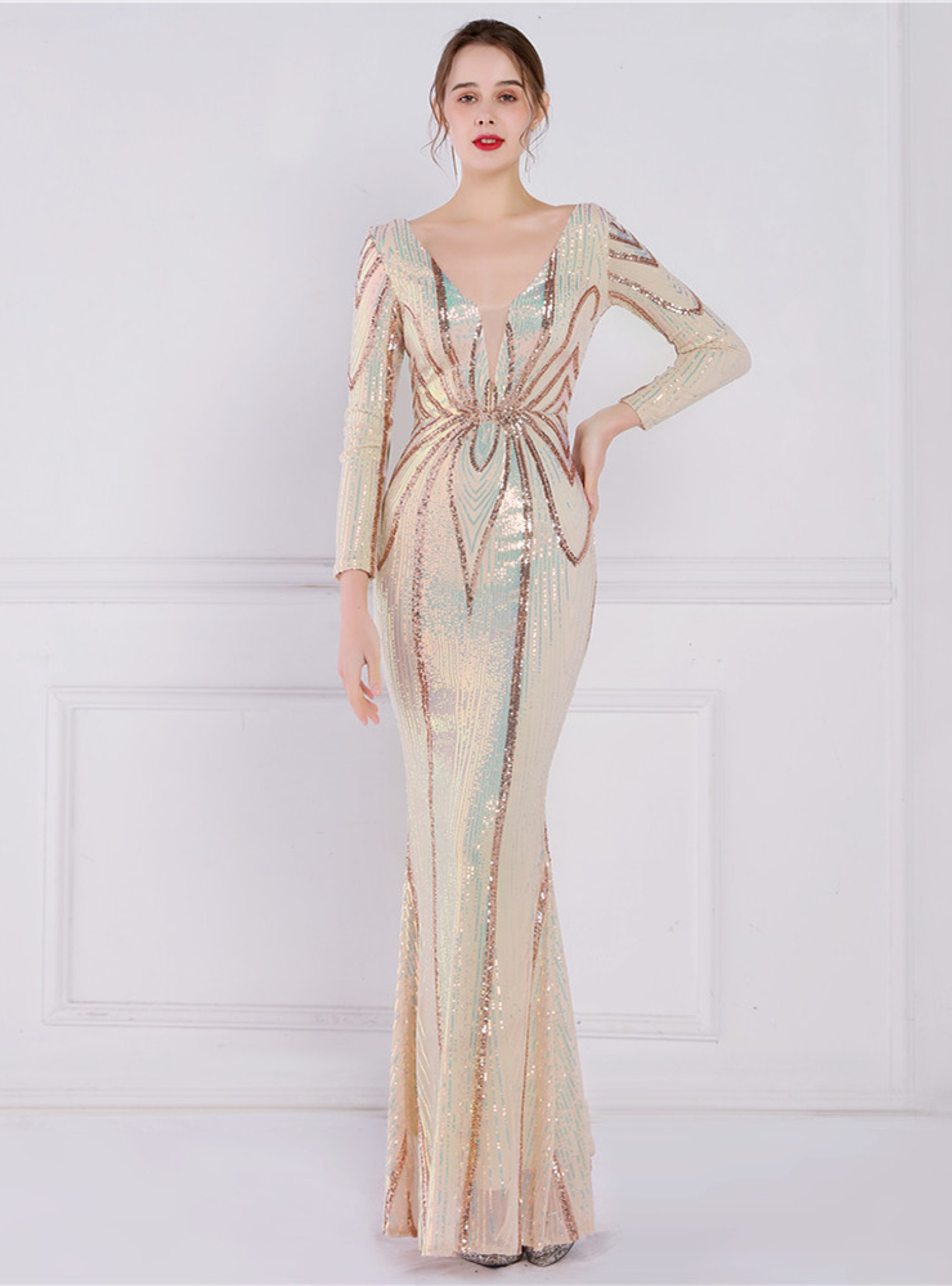 In Stockship In 48 Hours Deep V Neck Sequins Long Sleeve Party Dress