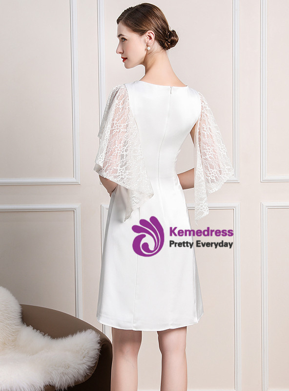 White Satin Lace V-neck Short Mother Of The Bride Dress