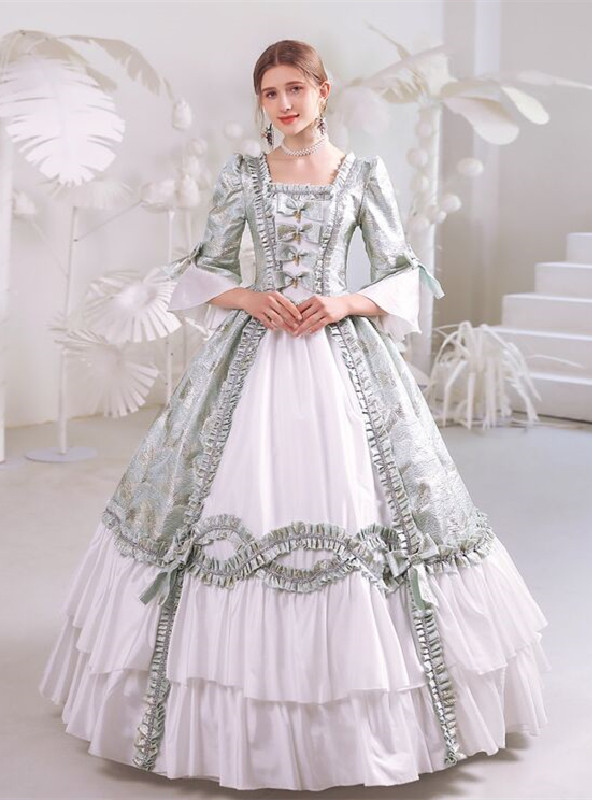 Green Satin Square Short Sleeve Bow Rococo Baroque Dress