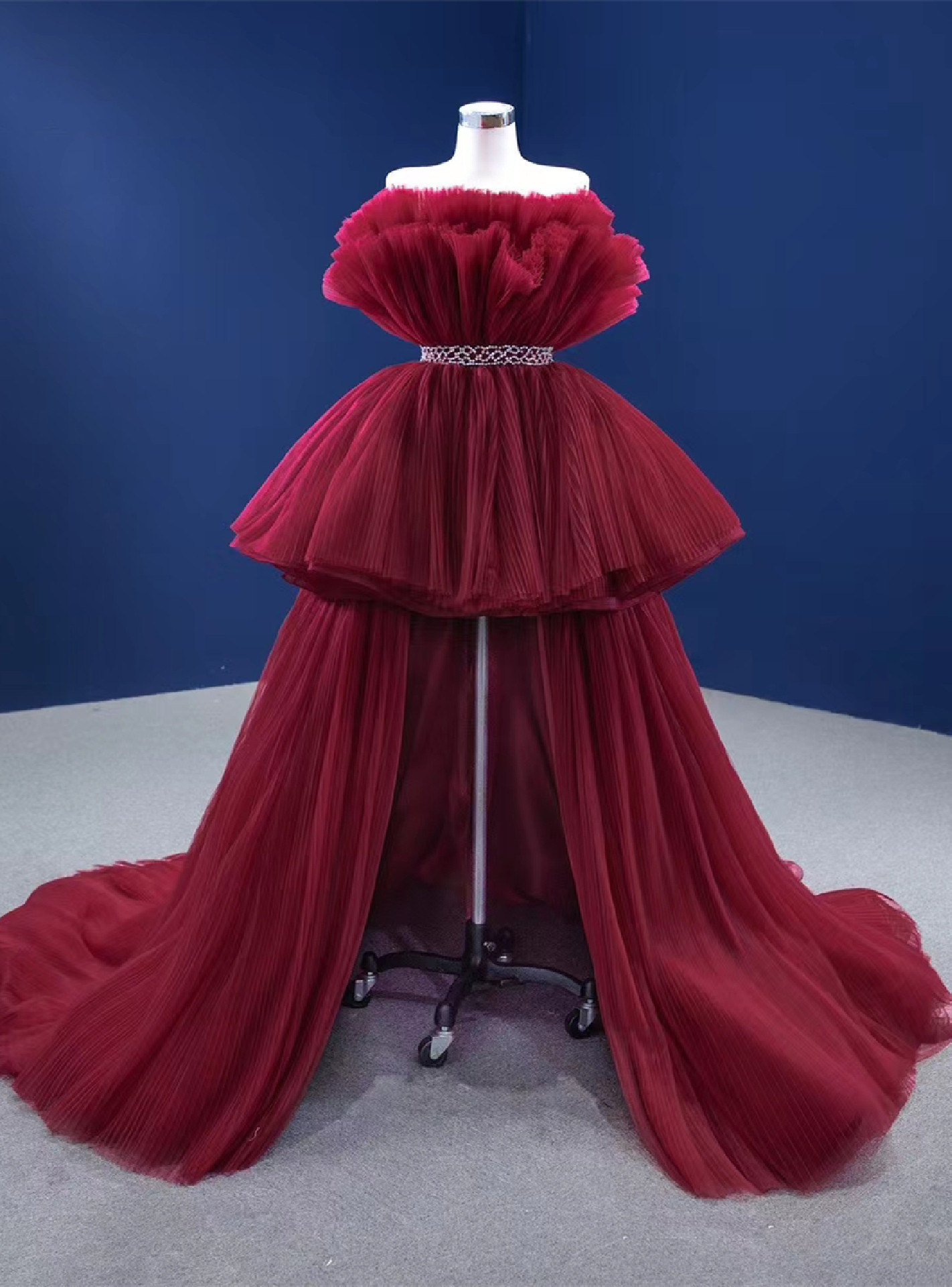 Orange Tulle Hi Lo Strapless Pleats Prom Dress