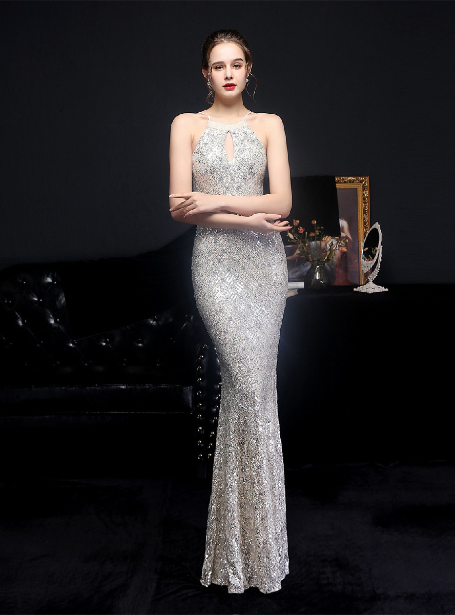 In Stock:Ship in 48 Hours Silver Sequins Halter Beading Party Dress