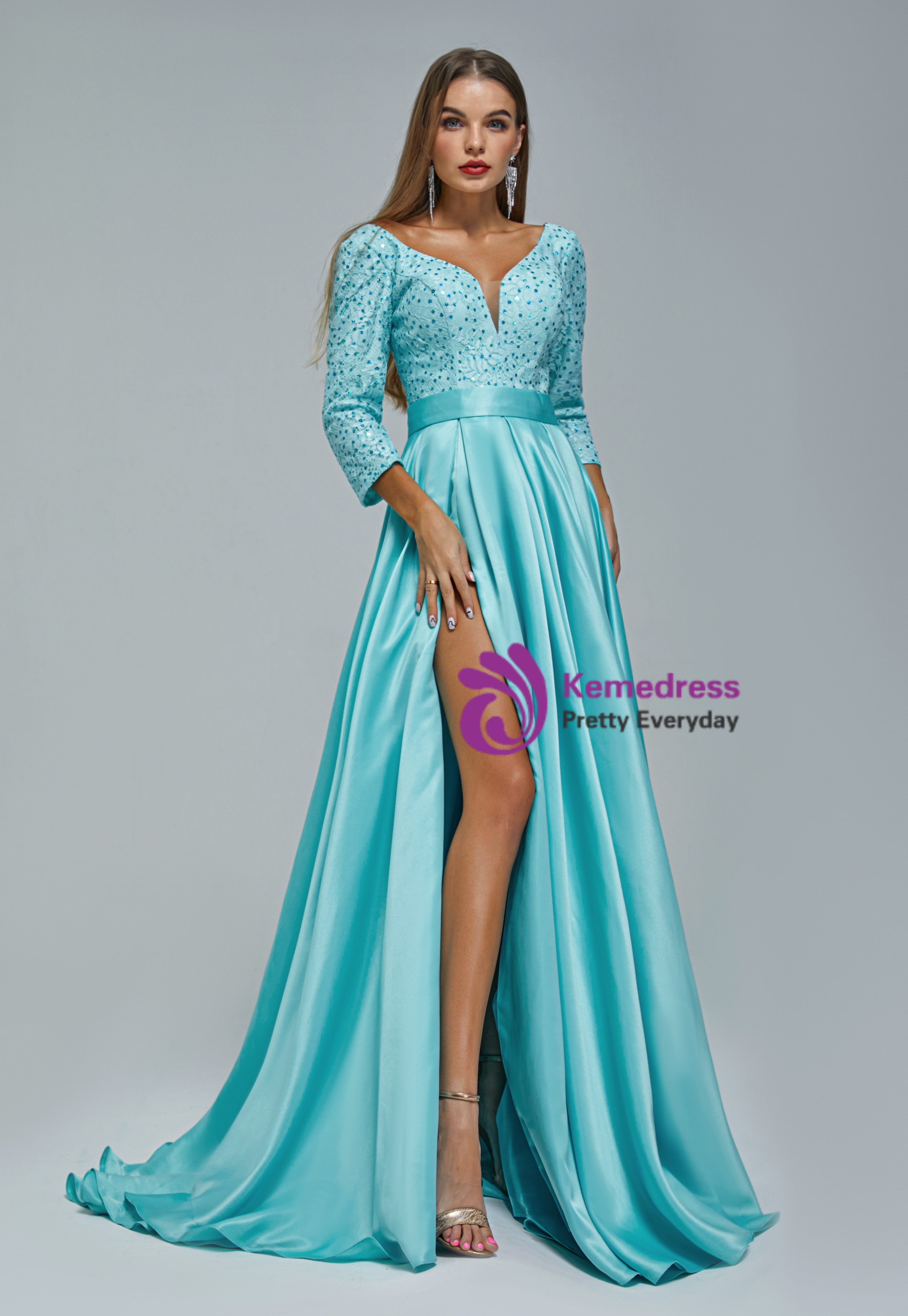 Blue Satin V-neck Long Sleeve Prom Dress