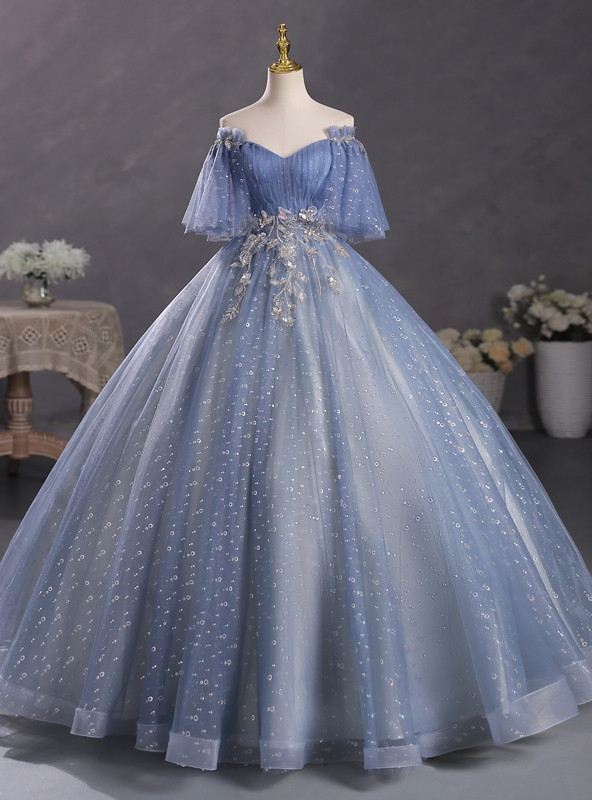 Gray Blue Tulle Sequins Off the Shoulder Beading Quinceanera Dress
