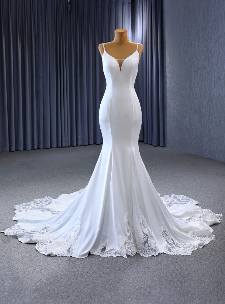 White Mermaid Spaghetti Straps Cross Straps Back Wedding Dress