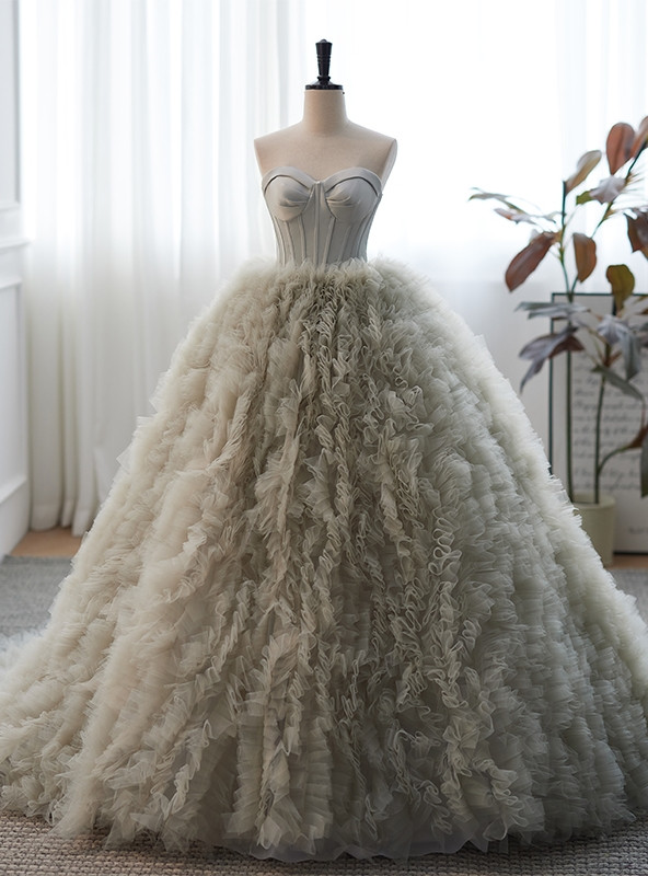 Silver Gray Ball Gown Sequins Sweetheart Luxury Prom Dress