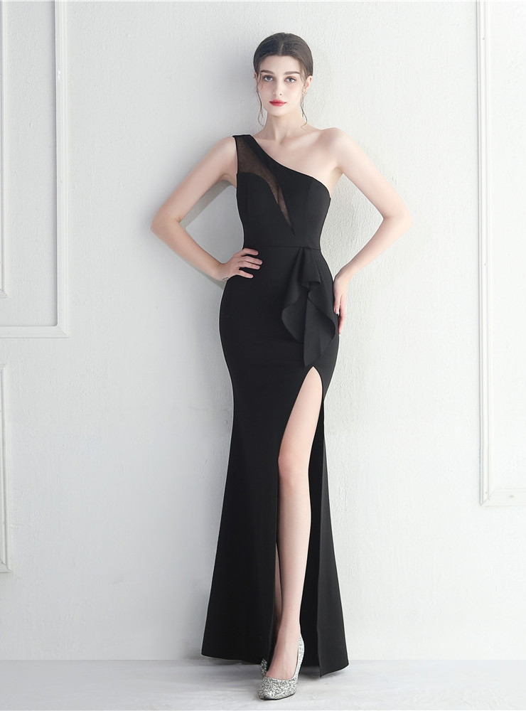 In Stock:Ship in 48 Hours White One Shoulder Mesh Perspective Party Dress