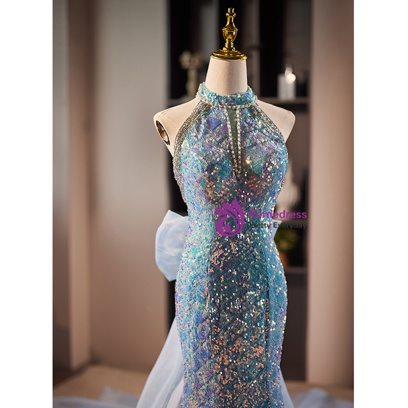 Blue Mermaid Sequins Beading Prom Dress