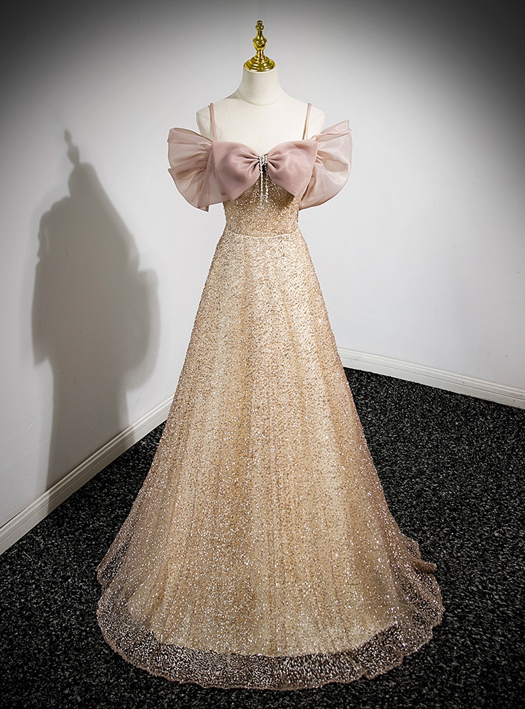 Pink Sequins Spaghetti Straps Prom Dress With Bow