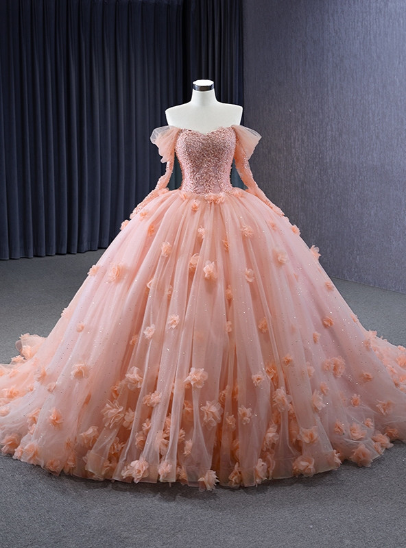 Orange Yellow Tulle Off the Shoulder Appliques Prom Dress