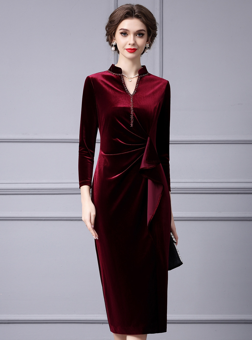 Black Velvet Long Sleeve Beading Mother Of The Bride Dress
