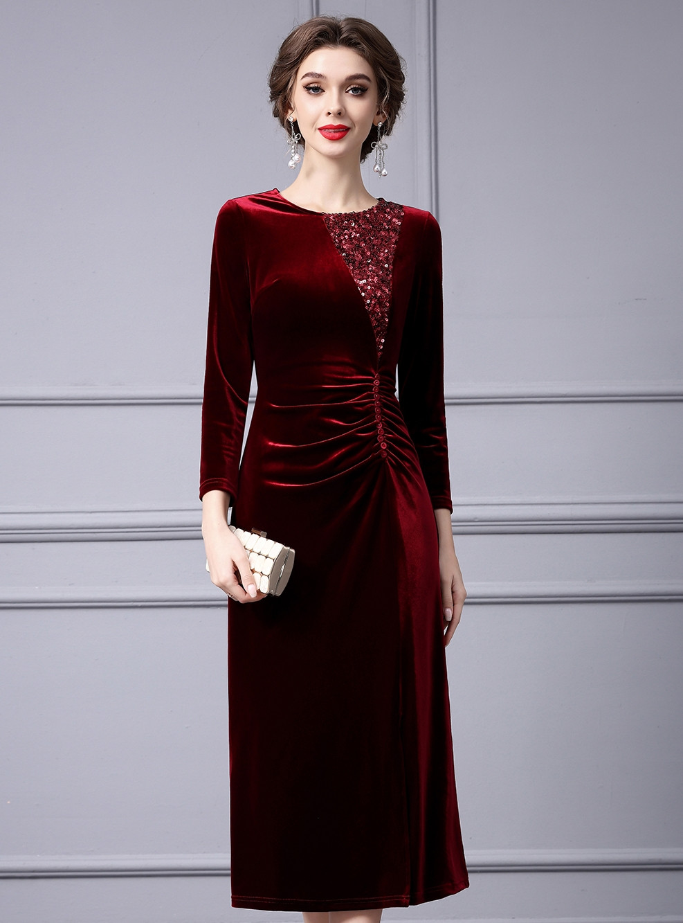 Burgundy Velvet Sequins Pleats Long Sleeve Mother Of The Bride Dress
