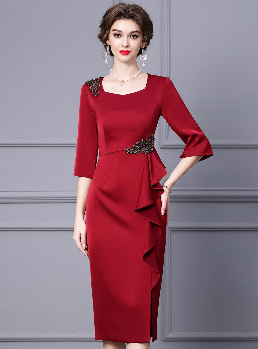 Burgundy Square Short Sleeve Beading Mother Of The Bride Dress