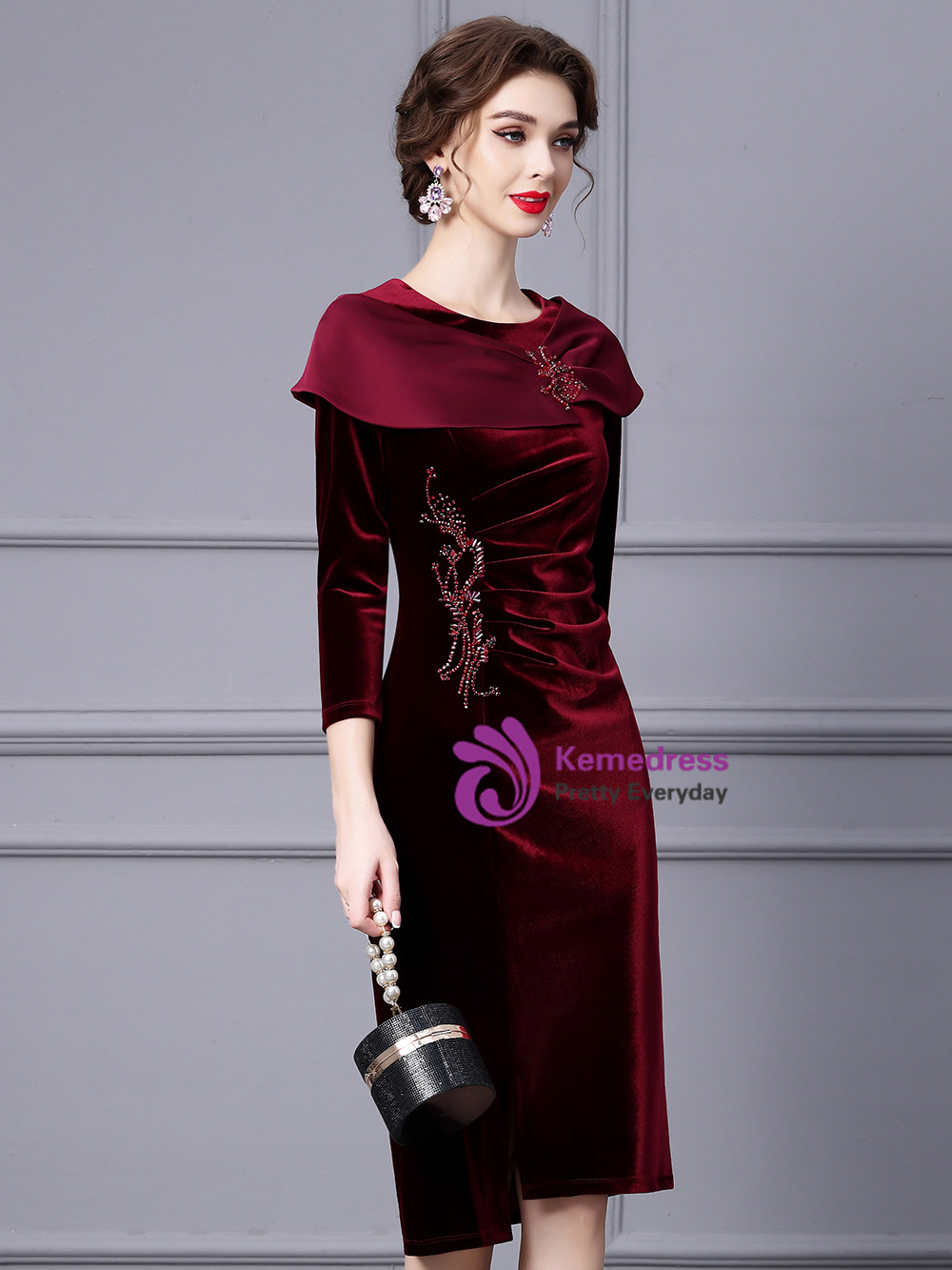 Burgundy Velvet 3/4 Sleeve Pleats Beading Mother Of The Bride Dress