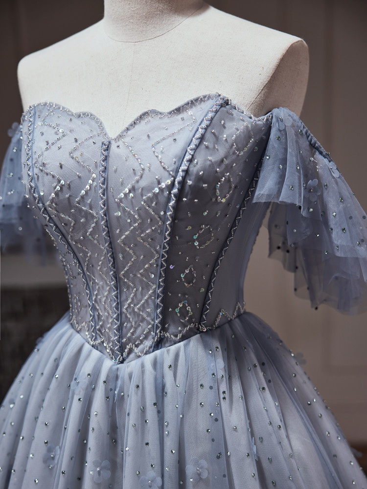 Blue Gray Tulle Beading Homecoming Dress