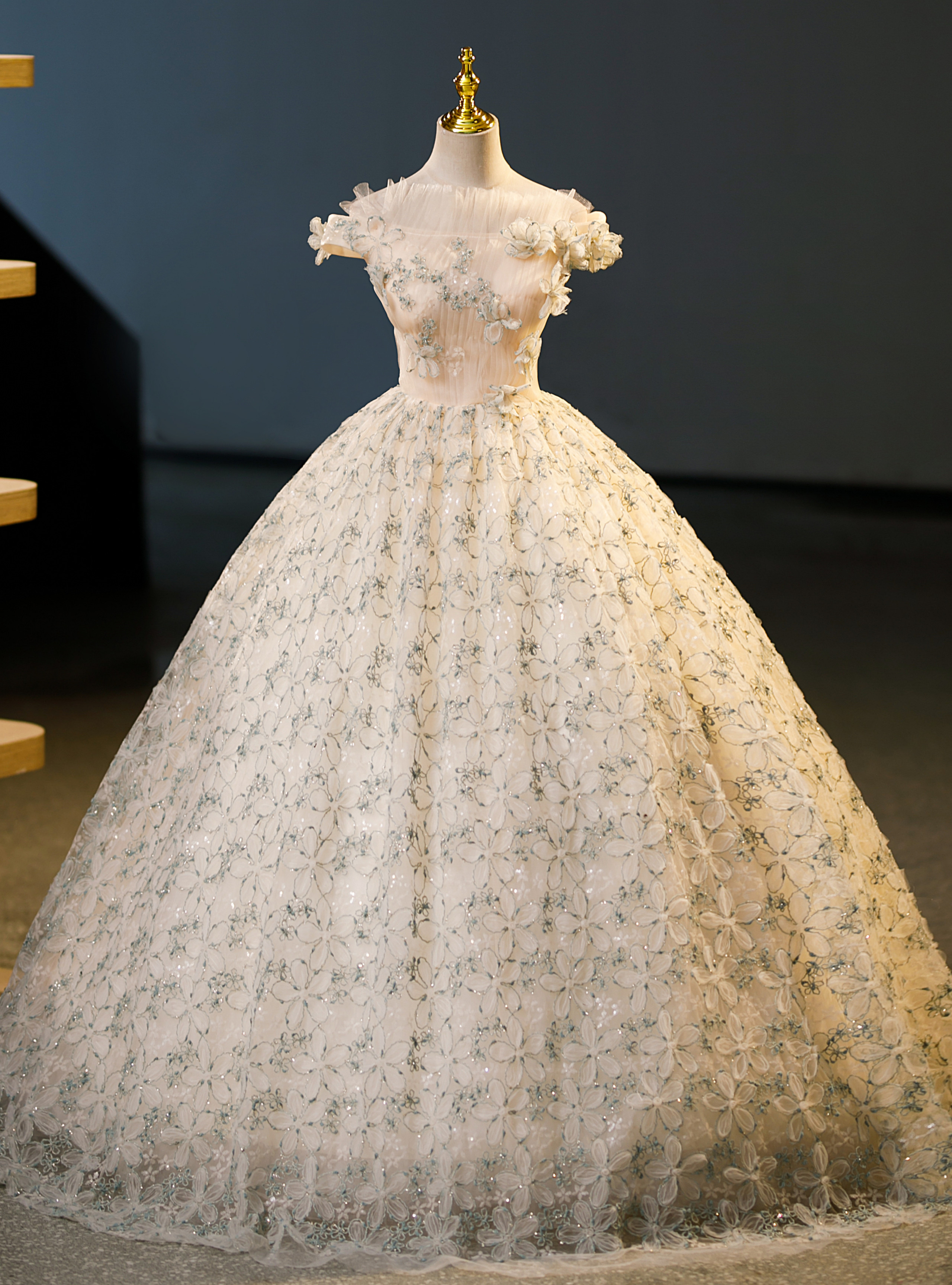 Champagne Tulle Print Off the Shoulder Beading Quinceanera Dress