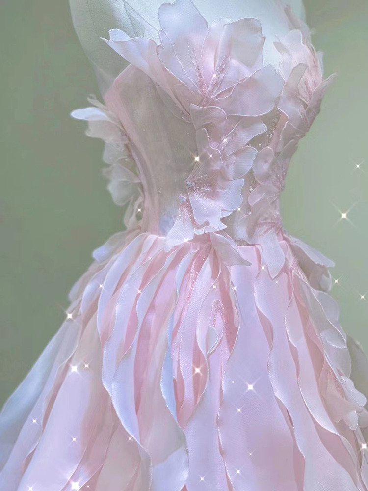 Pink Tulle See Through Neck Appliques Prom Dress