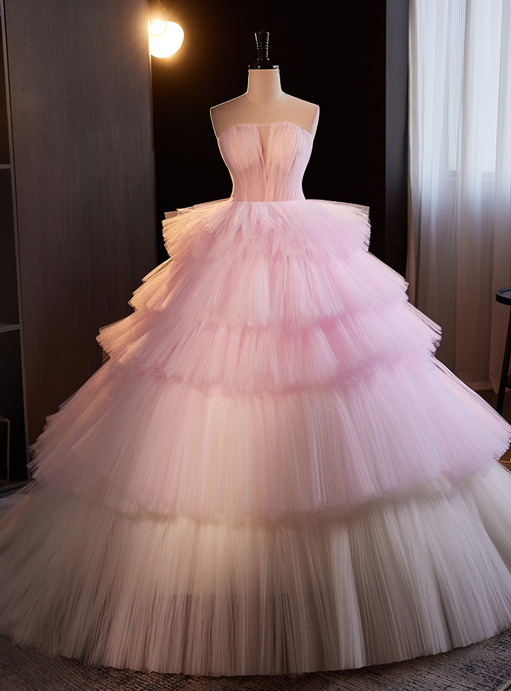 Pink Tulle Strapless Pleats Princess Quinceanera Dress