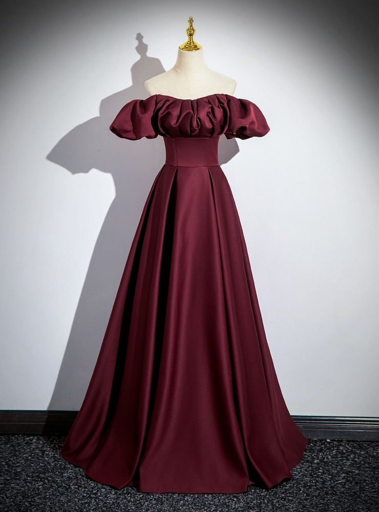 White Satin Off the Shoulder Puff Sleeve Pleats Wedding Dress