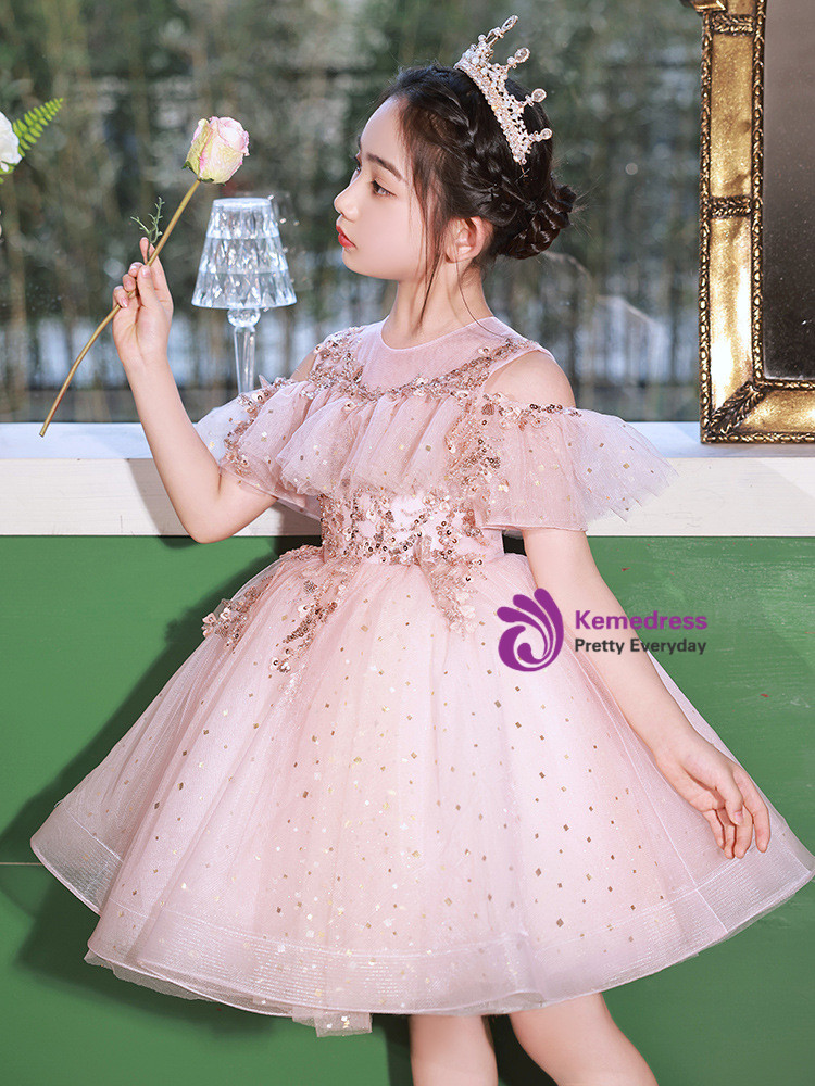 In Stock:Ship in 48 hours Pink Tulle Sequins Short Flower Girl Dress