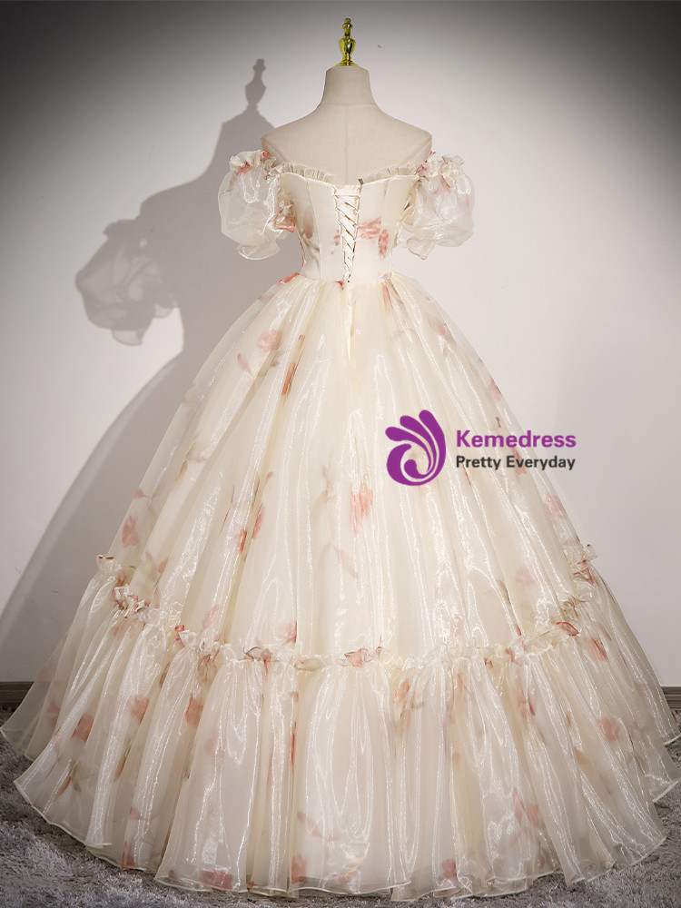 Champagne Tulle Print Off the Shoulder Beading Quinceanera Dress