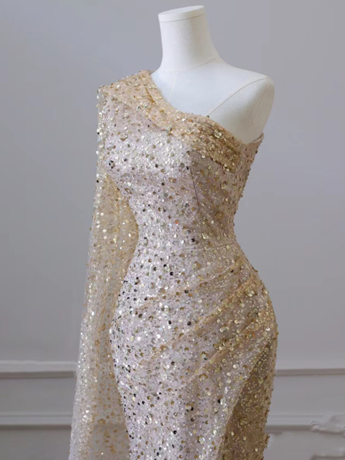Gold Mermaid Sequins One Shoulder Prom Dress
