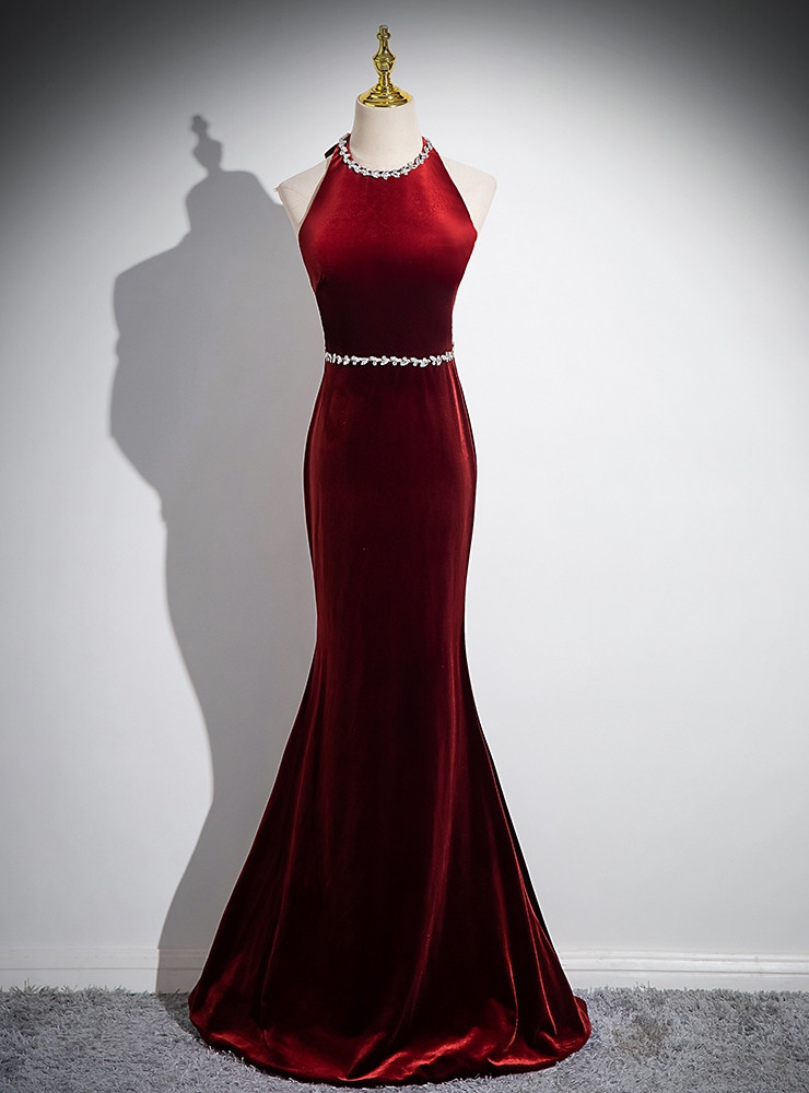 Burgundy Velvet Halter Backless Prom Dress