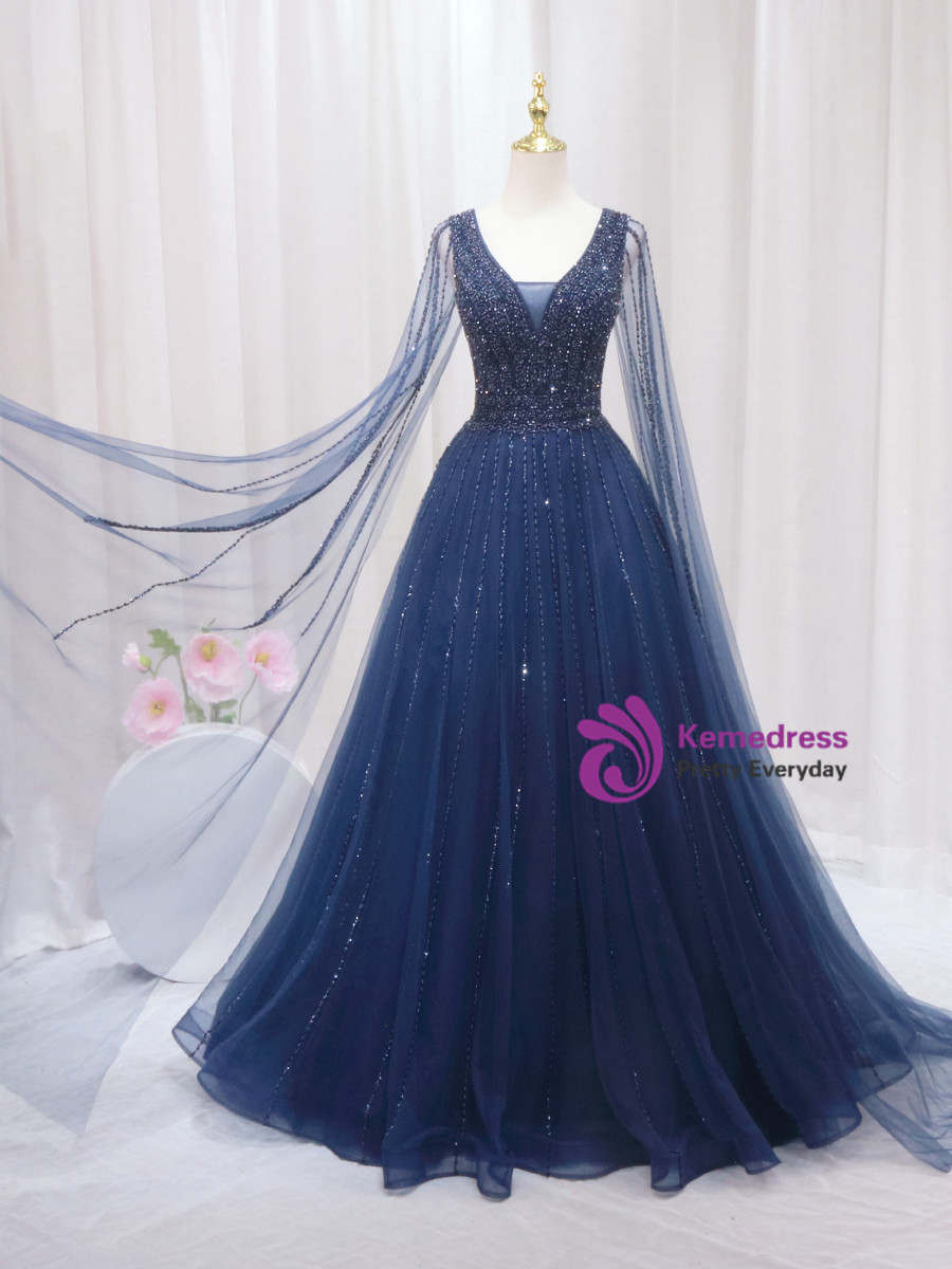 Navy Blue Tulle V-neck Beading Prom Dress