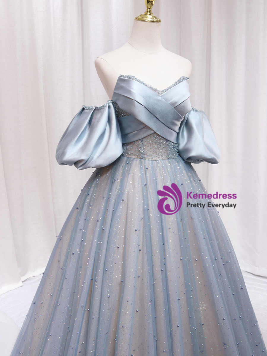Blue Tulle Sequins Pearls Strapless Prom Dress