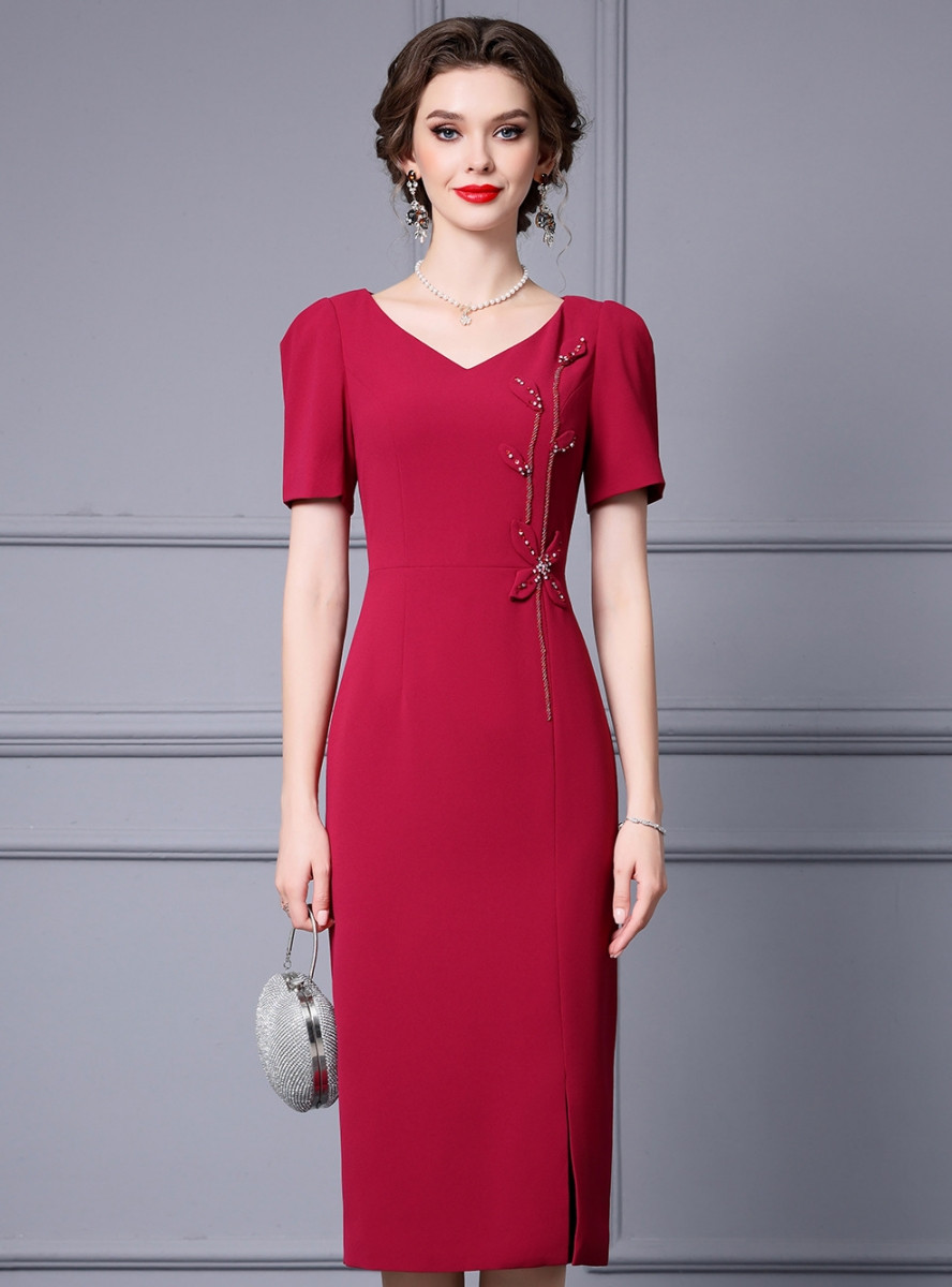Burgundy Square Short Sleeve Beading Mother Of The Bride Dress