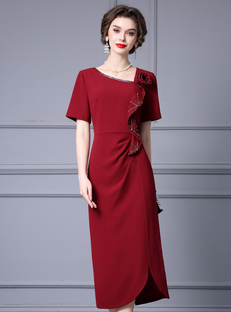 Burgundy Square Short Sleeve Beading Mother Of The Bride Dress