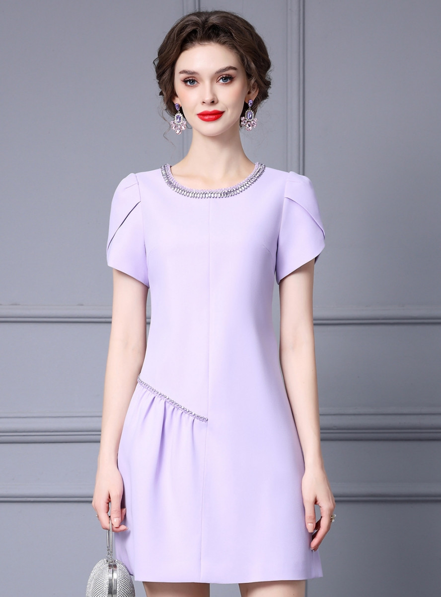 Purple Short Sleeve Crystal Short Mother Of The Bride Dress