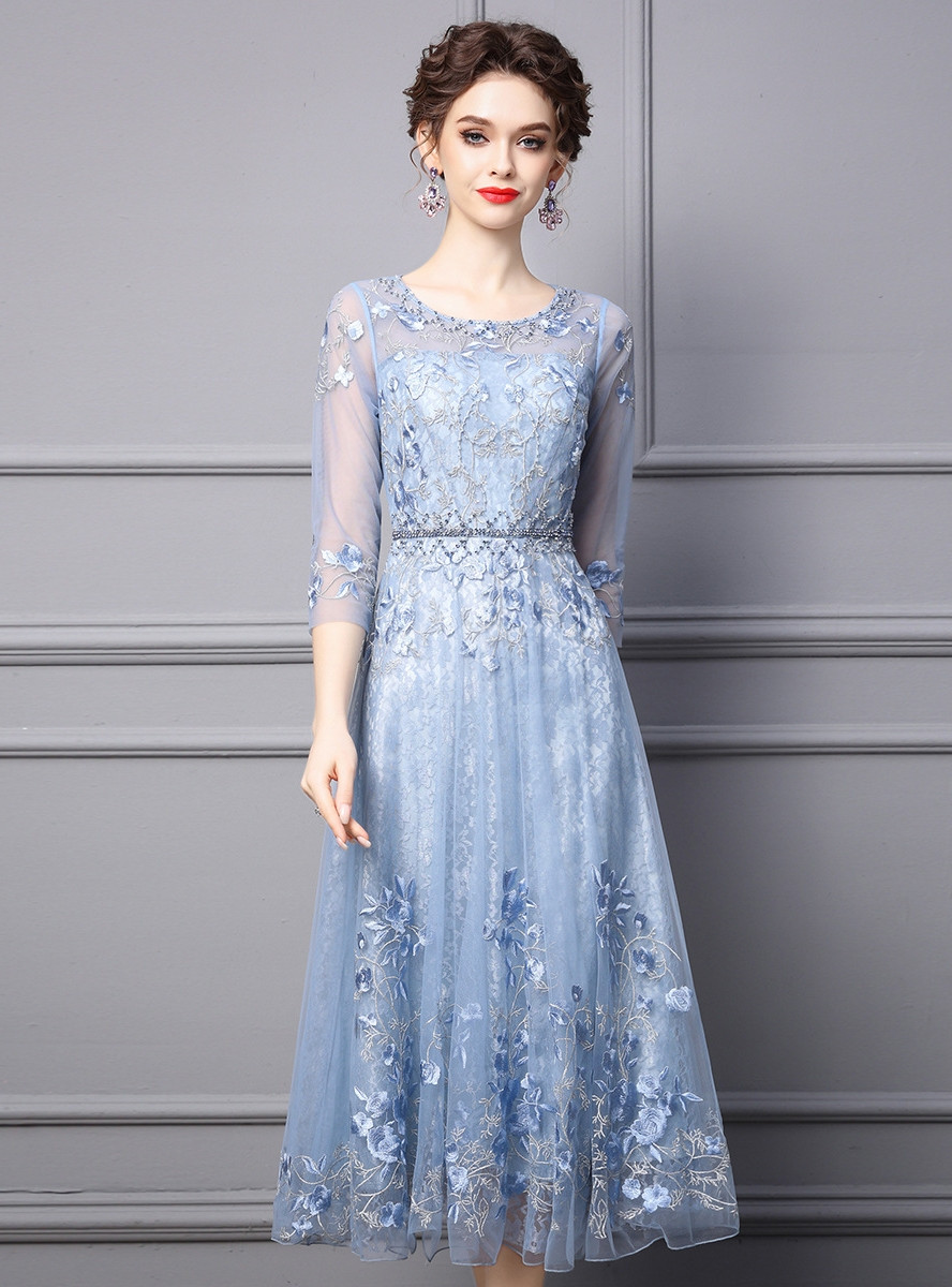 Light Blue Tulle Lace Short Sleeve Mother Of The Bride Dress