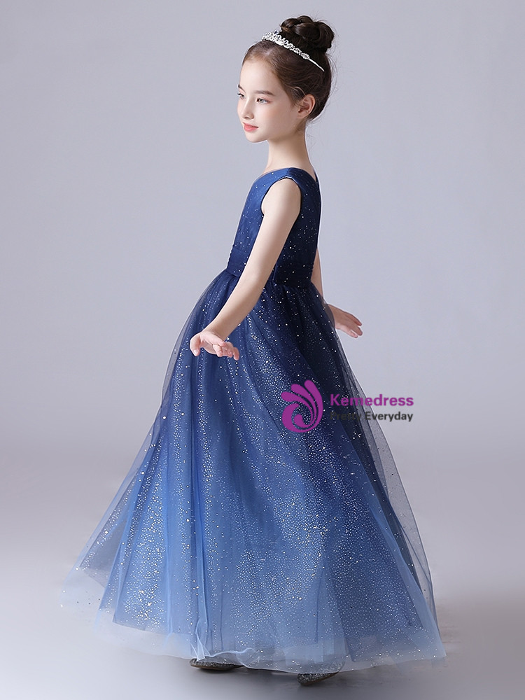 A-Line Blue Tulle Sequins Pleats Flower Girl Dress