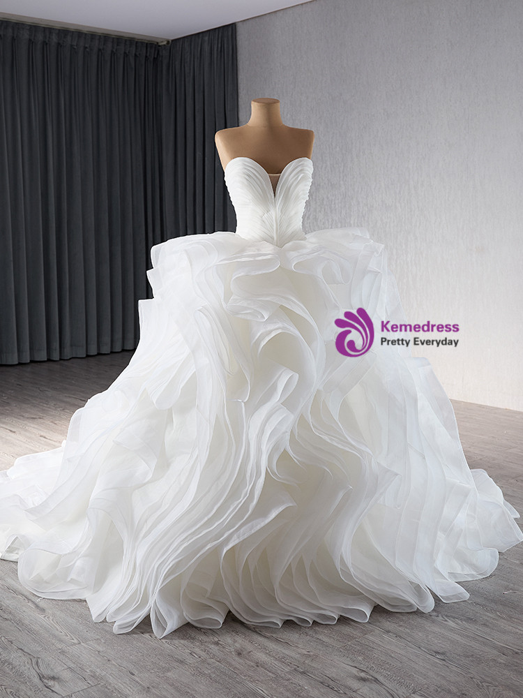 White Tulle Sweetheart Pleats Princess Wedding Dress