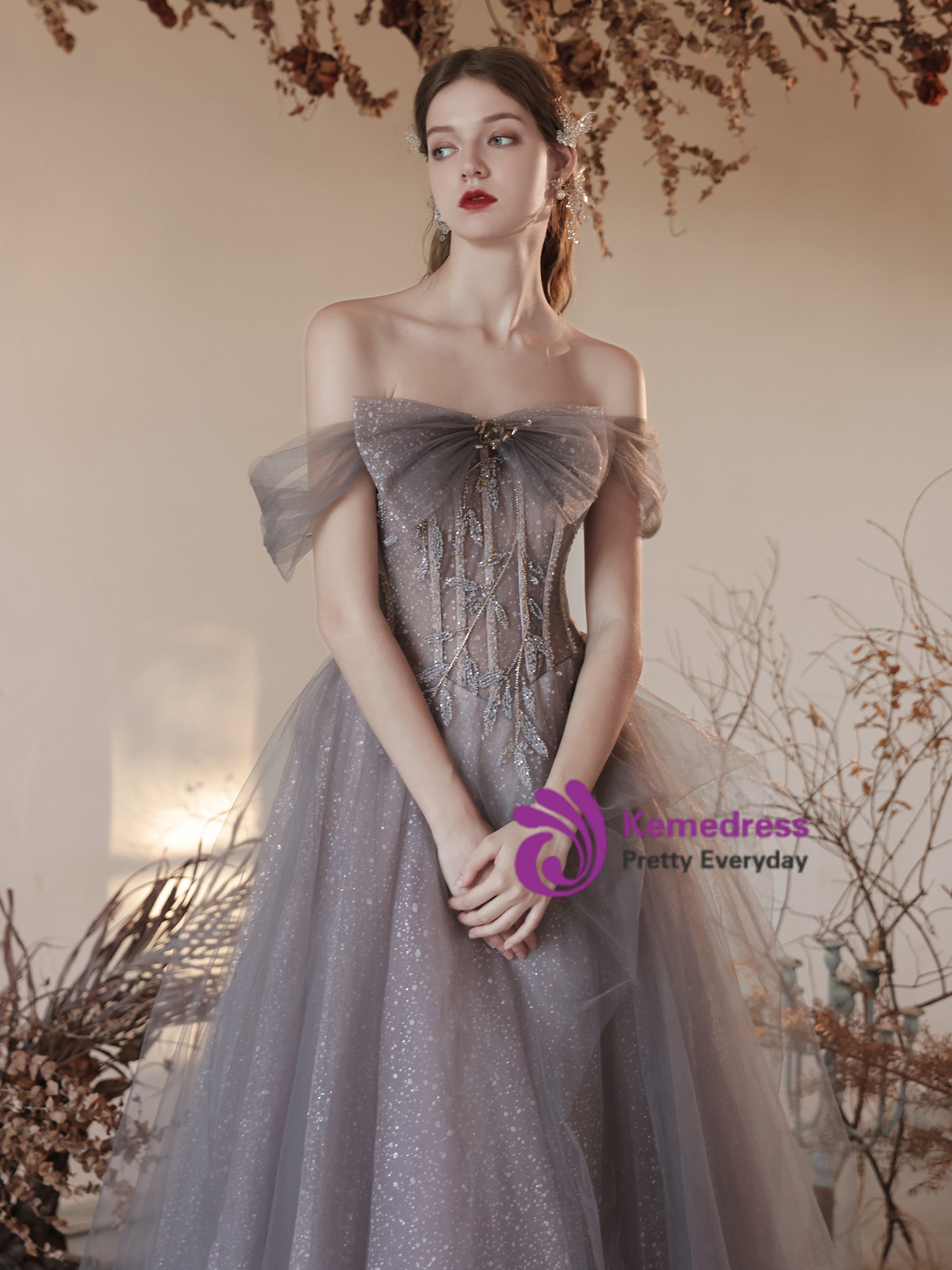 Gray Tulle Off the Shoulder Beading Bow Prom Dress